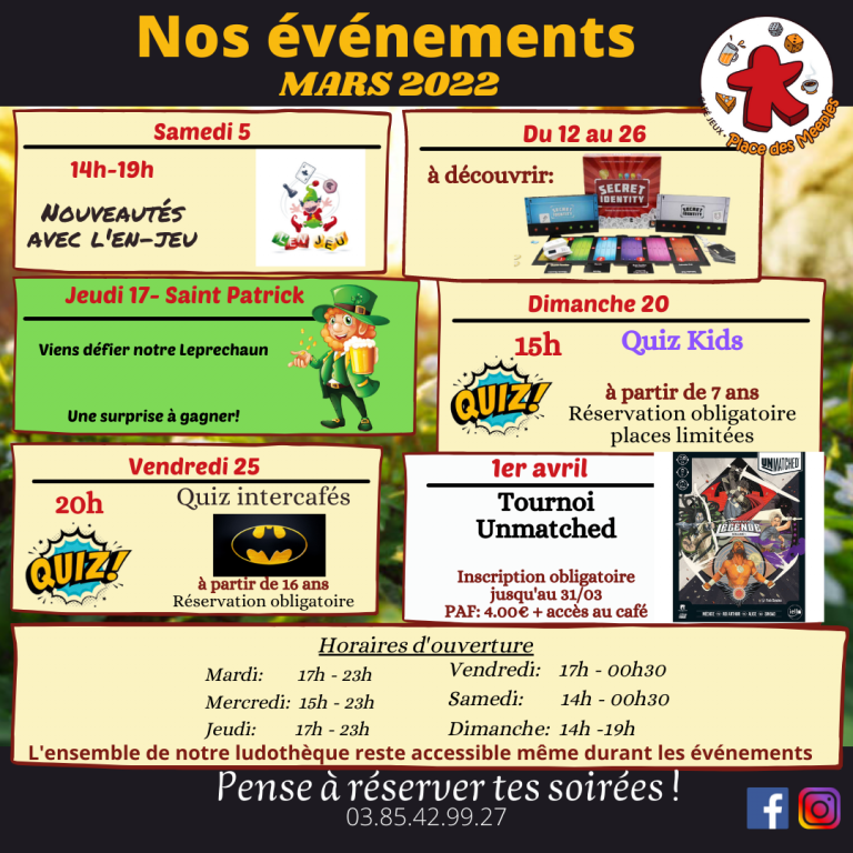 Calendrier animation Mars 2022 - Place des Meeples