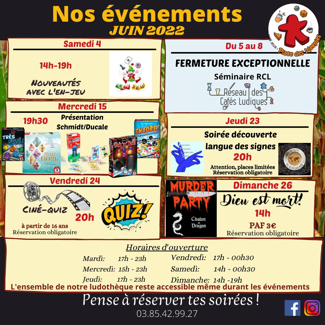 Calendrier des animations Juin - Place des Meeples
