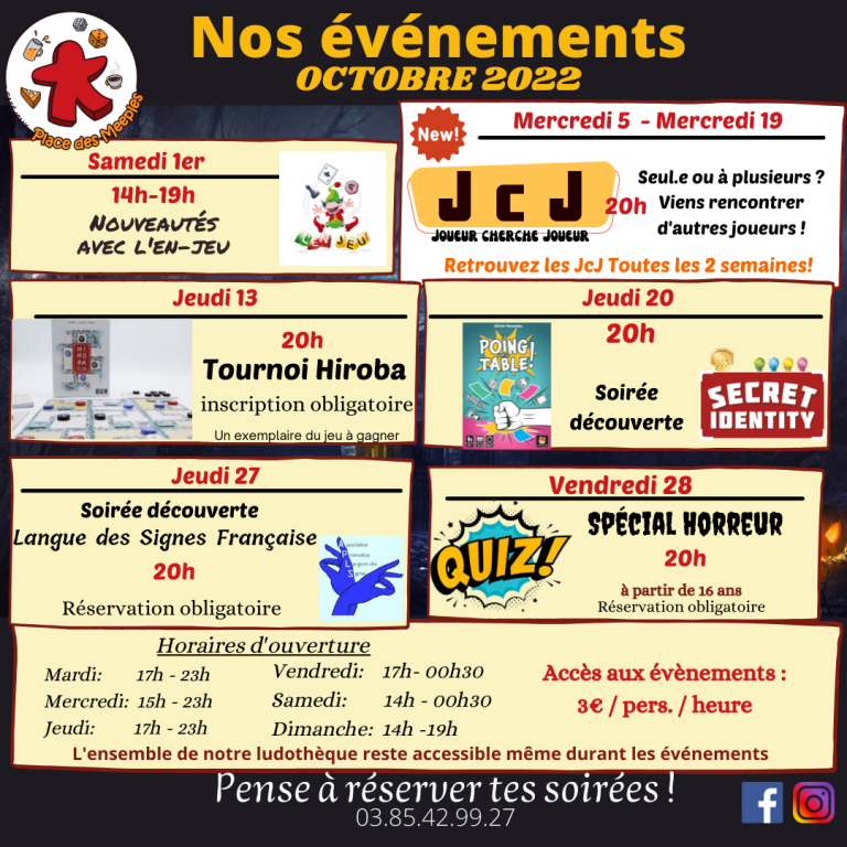 Calendrier des Animations Octobre 2022 - Place des Meeples