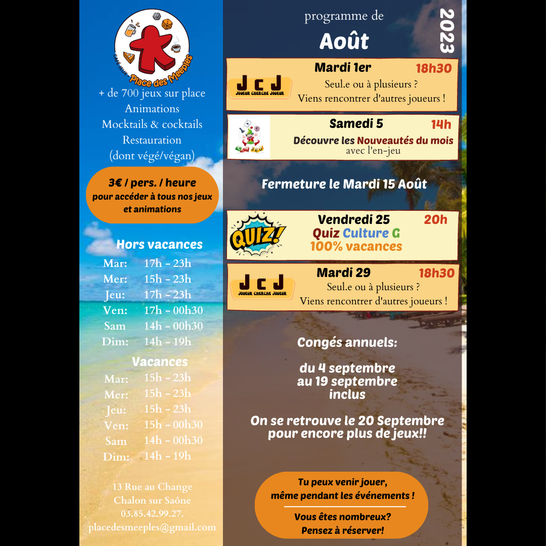 Calendrier des Animations Août - Place des Meeples